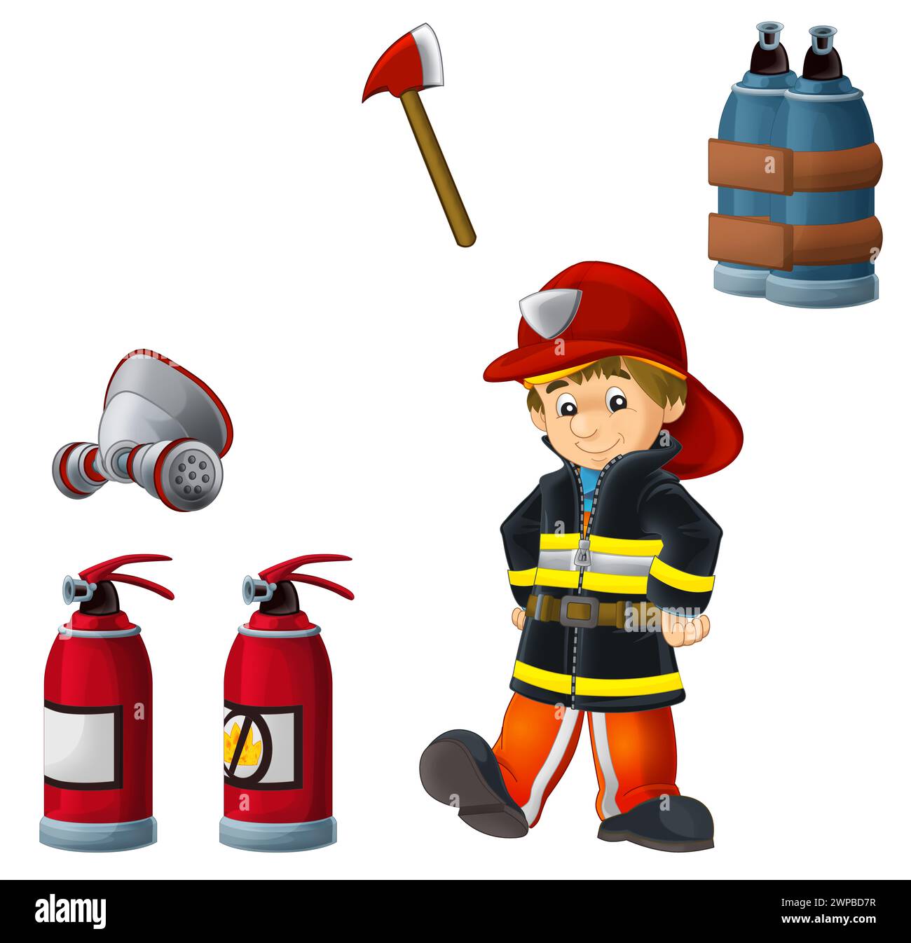 Cartoon happy and funny fireman working on white background with tools ...