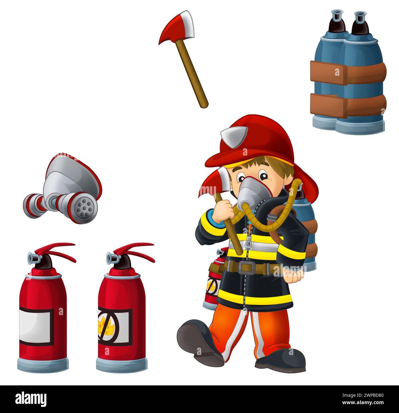 Cartoon happy and funny fireman working on white background with tools ...