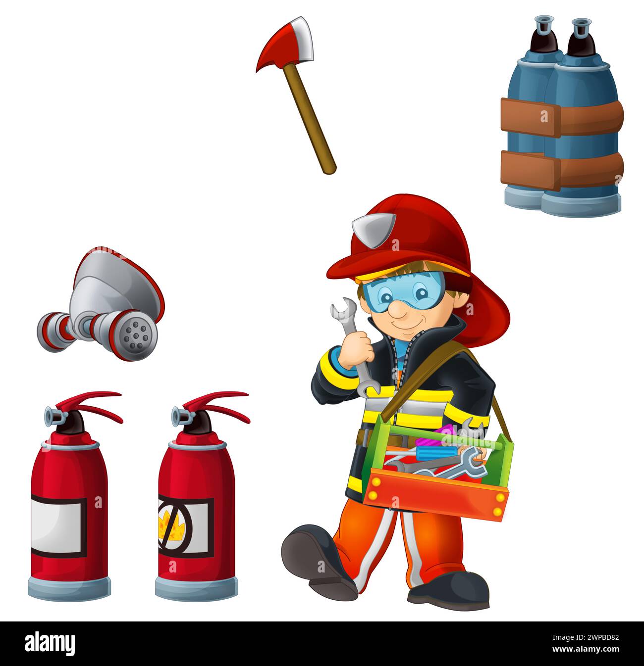 Cartoon happy and funny fireman working on white background with tools ...