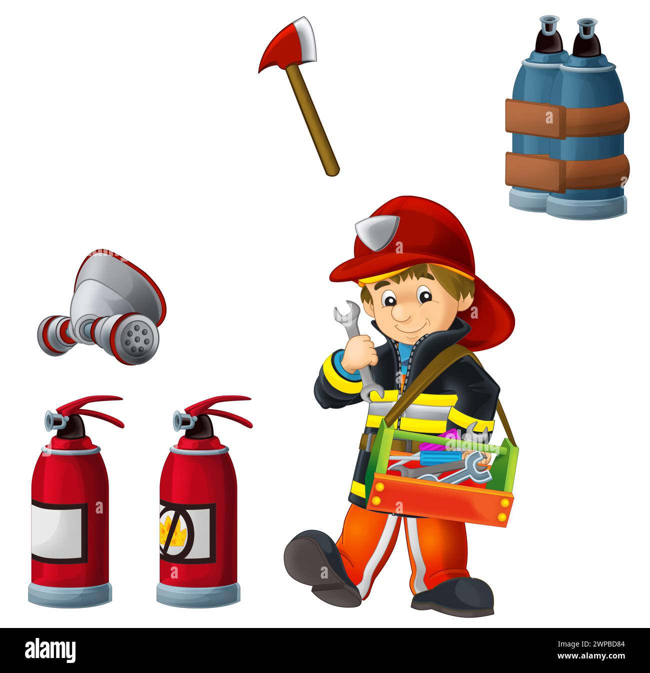 Cartoon happy and funny fireman working on white background with tools ...