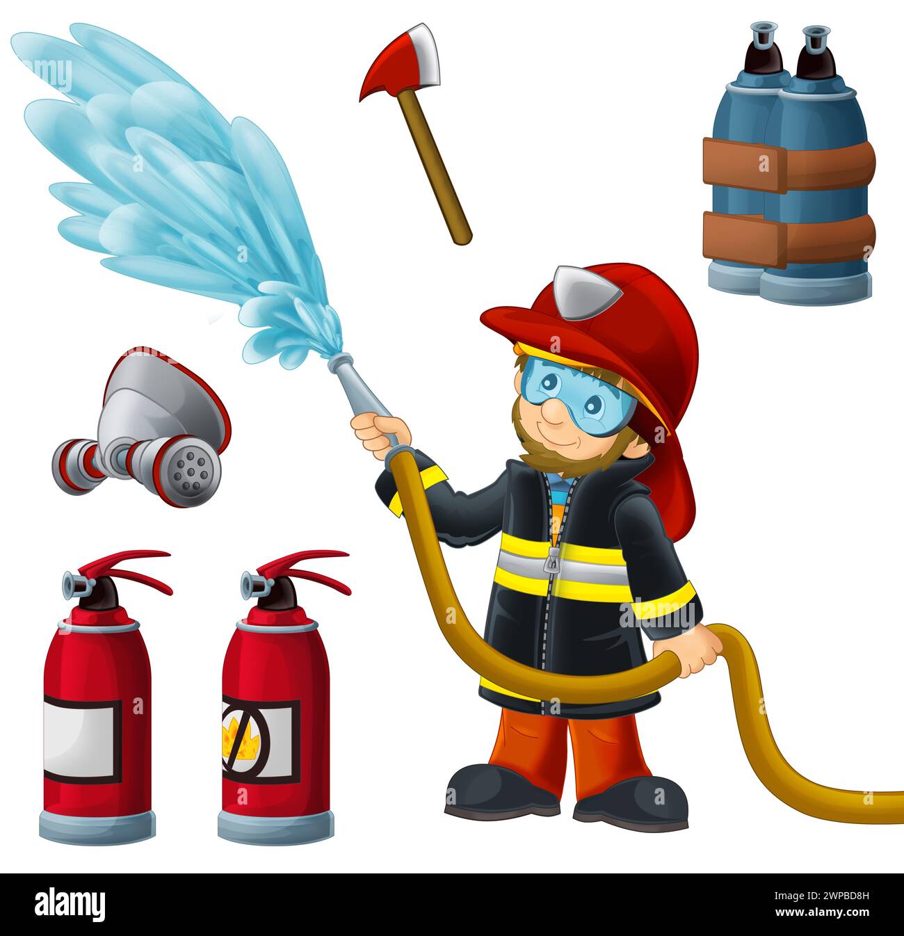 Cartoon happy and funny fireman working on white background with tools ...