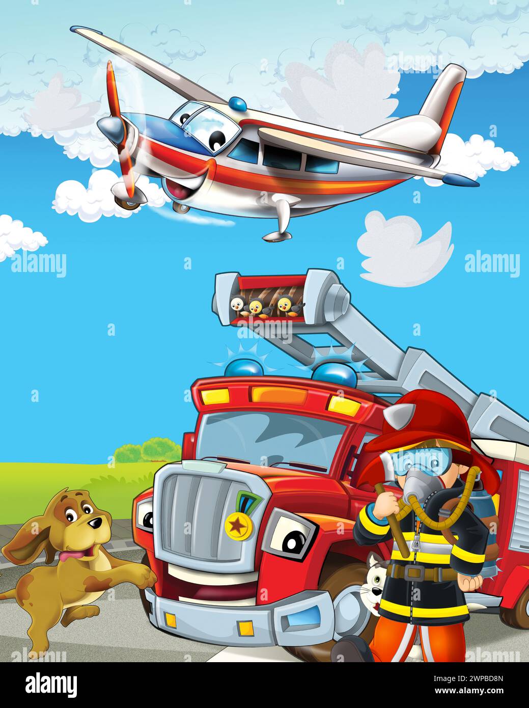 funny looking cartoon fireman truck driving through the city and ...