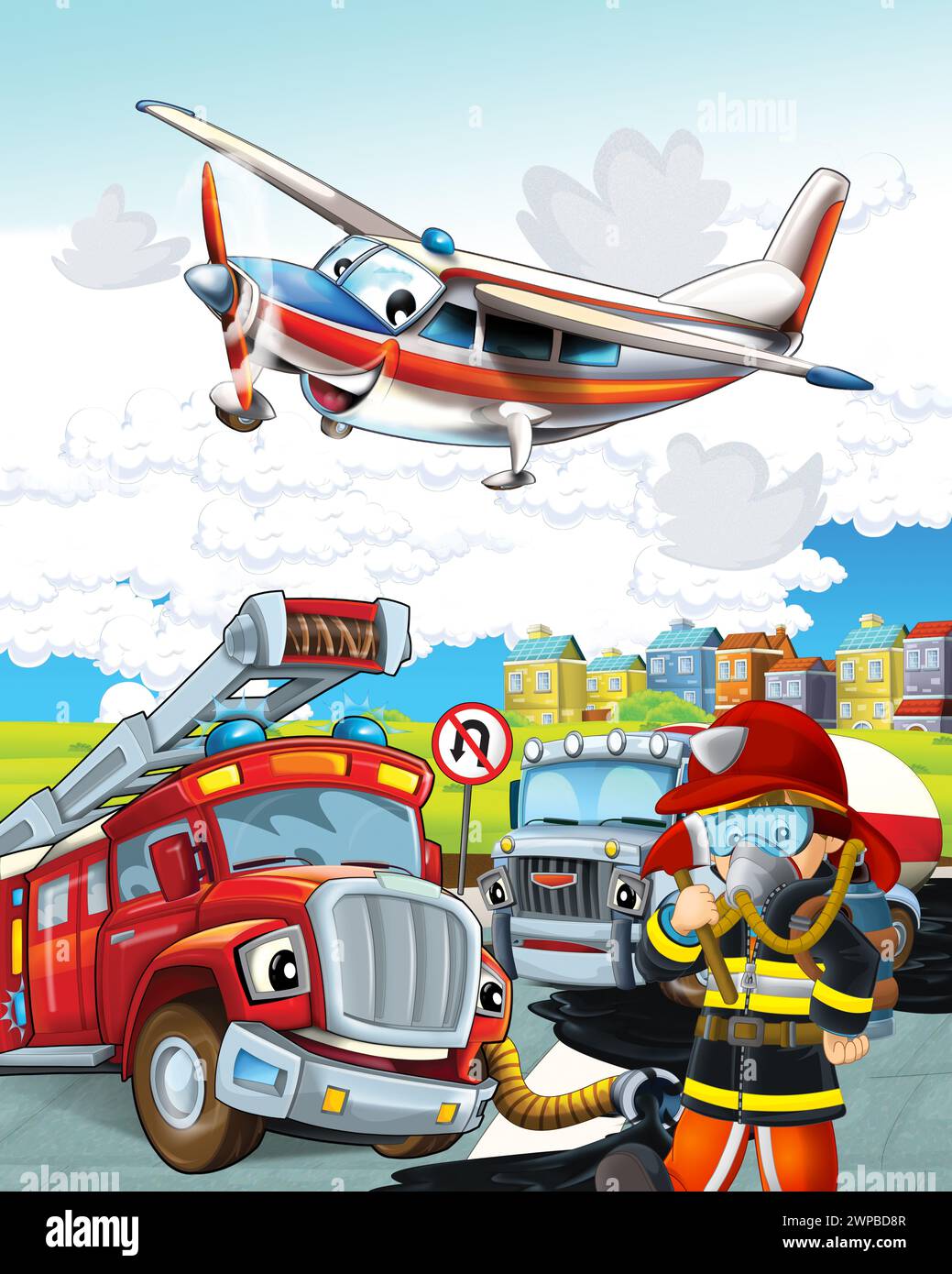 funny looking cartoon fireman truck driving through the city and ...