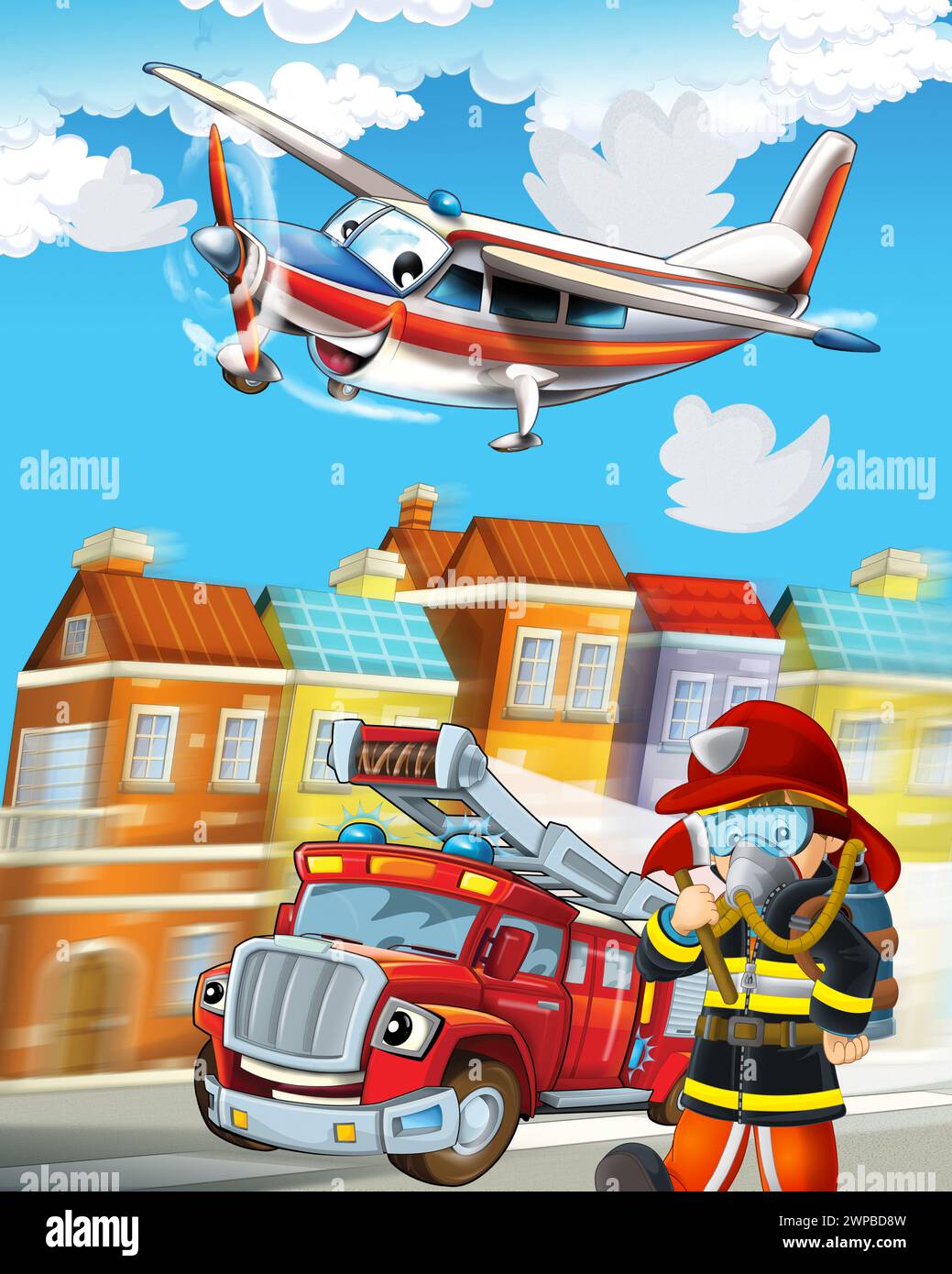funny looking cartoon fireman truck driving through the city and ...