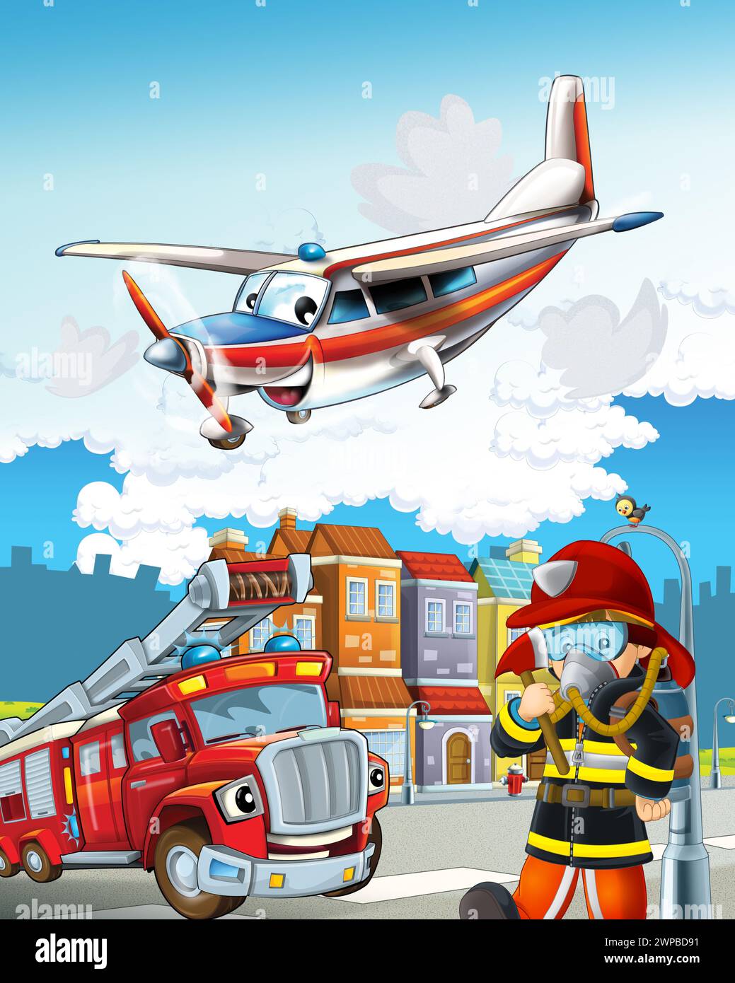 funny looking cartoon fireman truck driving through the city and ...