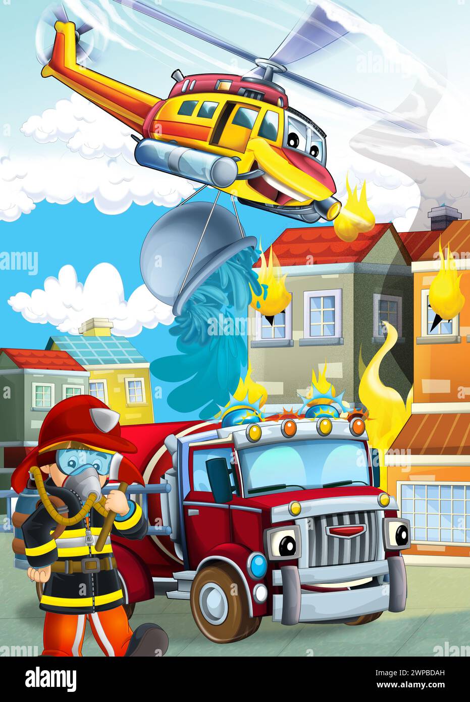 cartoon scene with different fire fighter machines helicopter and fire ...