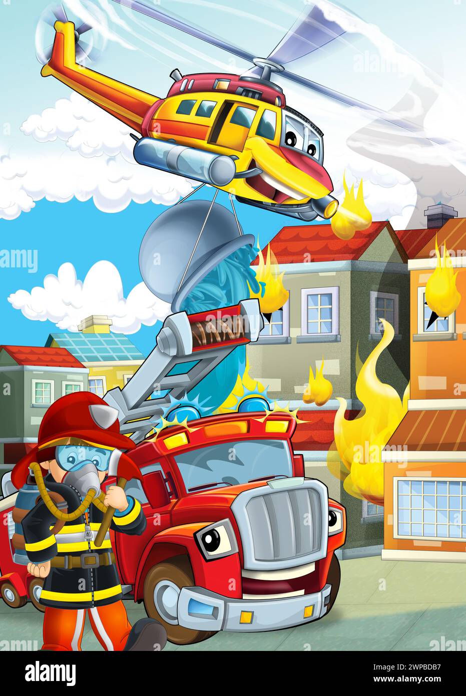 cartoon stage with different machines for firefighting helicopter and ...