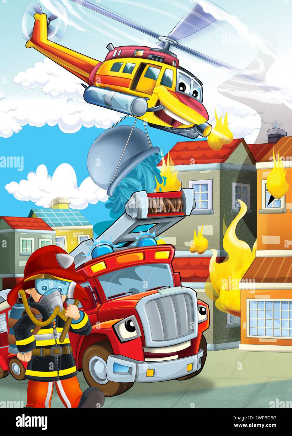 cartoon stage with different machines for firefighting helicopter and ...