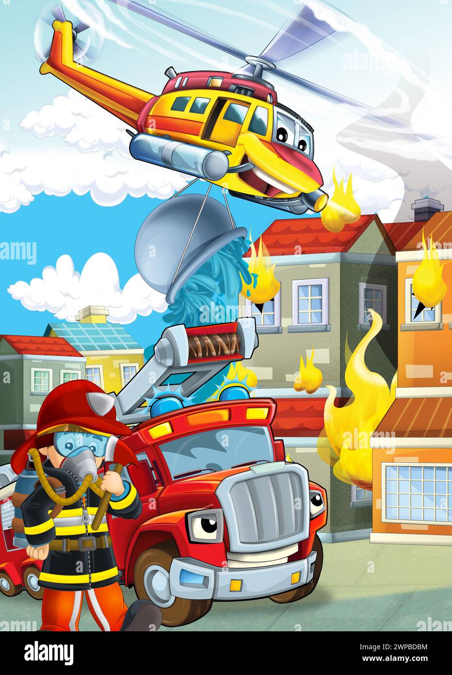 cartoon stage with different machines for firefighting helicopter and ...