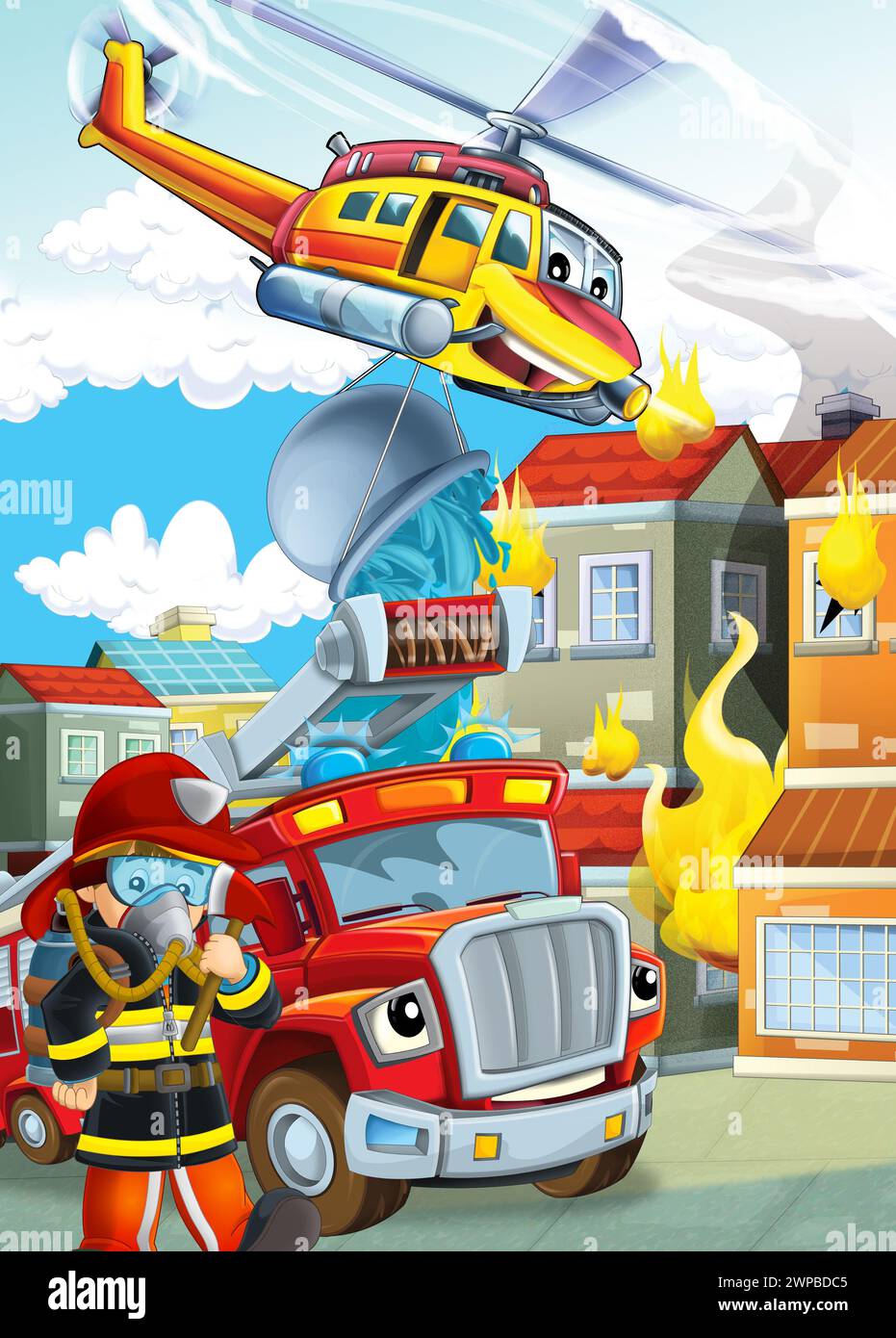 cartoon stage with different machines for firefighting helicopter and ...