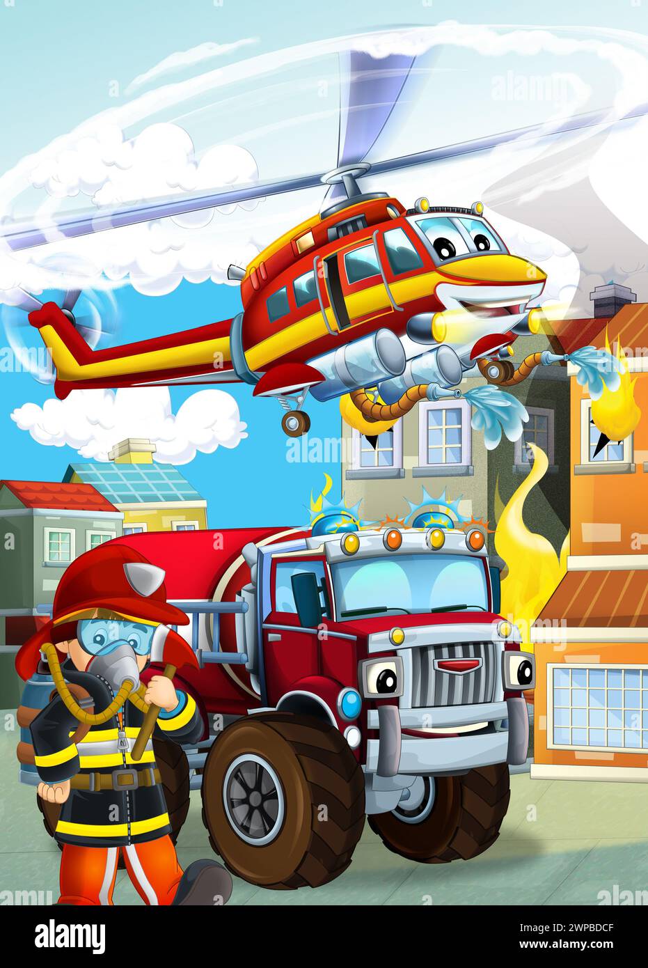 cartoon scene with different fire fighter machines helicopter and fire ...