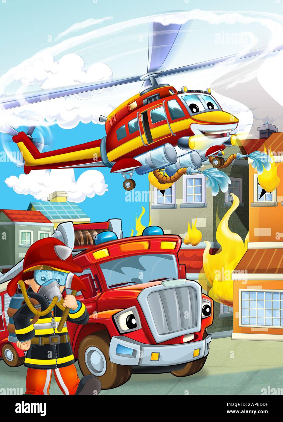 cartoon scene with different fire fighter machines helicopter and fire ...
