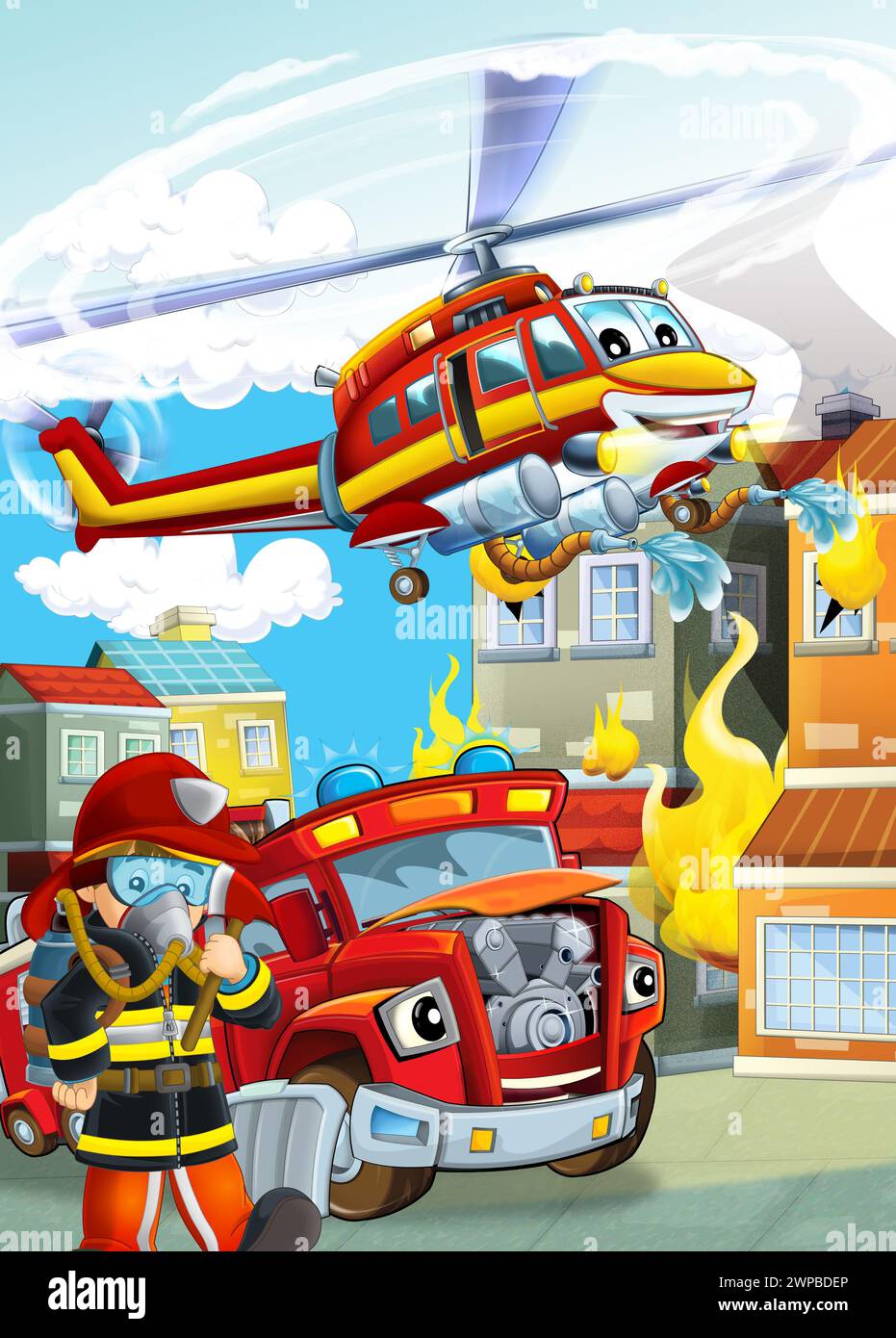 cartoon scene with different fire fighter machines helicopter and fire ...
