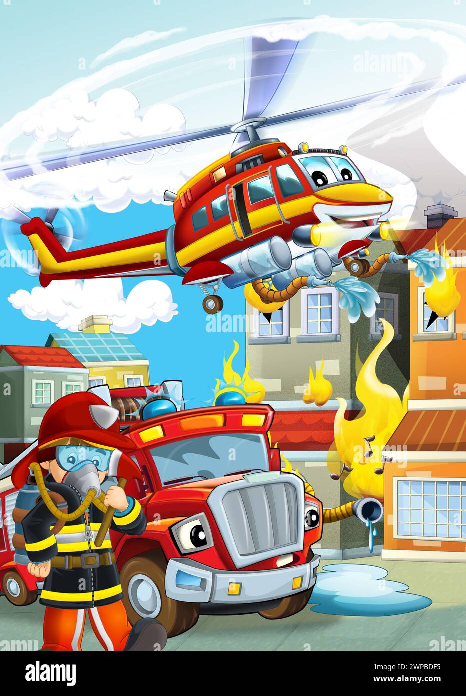 cartoon scene with different fire fighter machines helicopter and fire ...