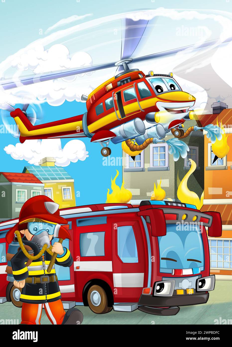 cartoon scene with different fire fighter machines helicopter and fire ...