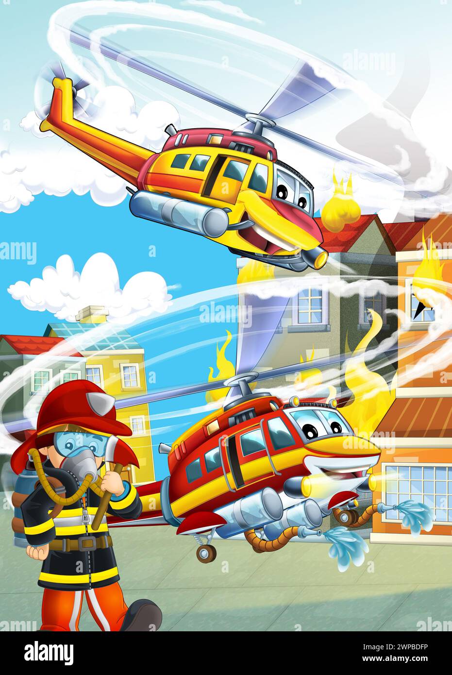 cartoon scene with fire fighter machines helicopters illustration for ...