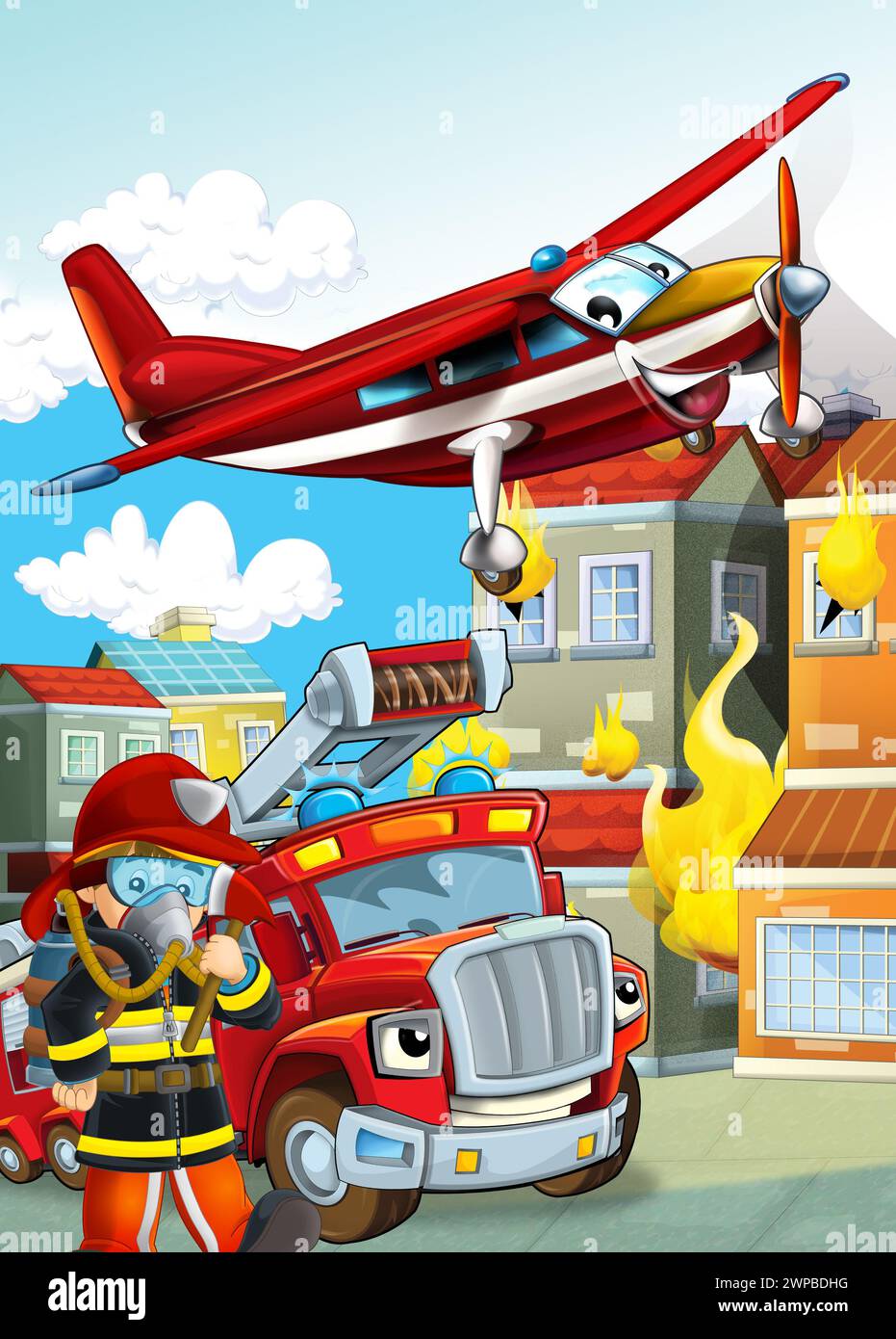 cartoon scene with different fire fighter machines helicopter and fire ...