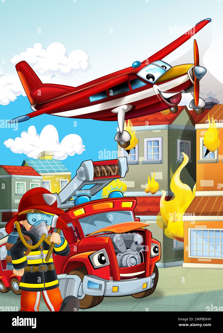 cartoon scene with different fire fighter machines helicopter and fire ...