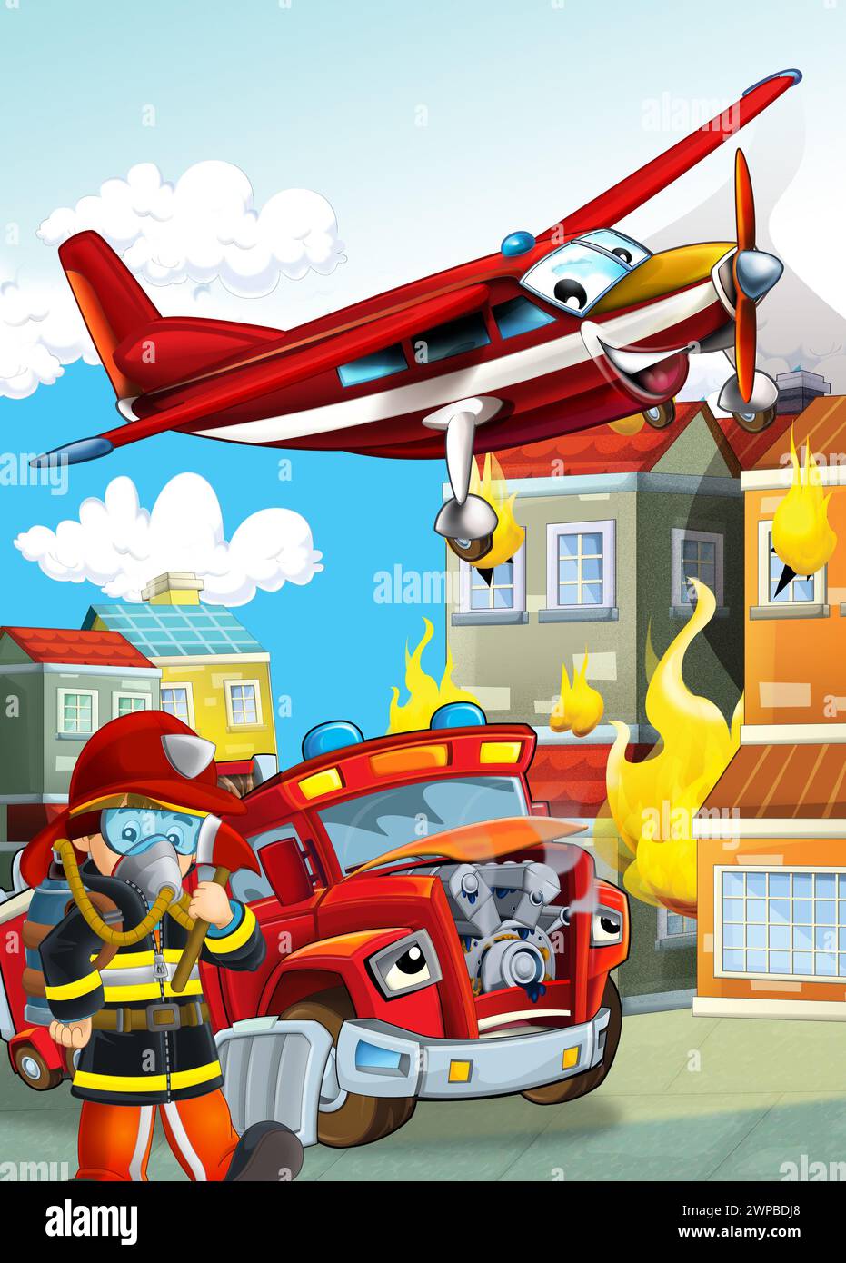 cartoon scene with different fire fighter machines helicopter and fire ...