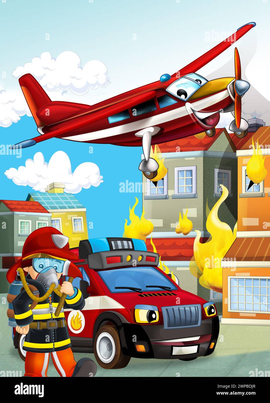 cartoon scene with different fire fighter machines helicopter and fire ...