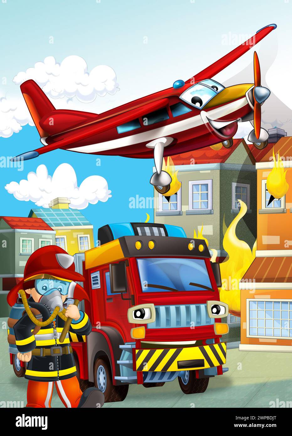 cartoon scene with different fire fighter machines helicopter and fire ...