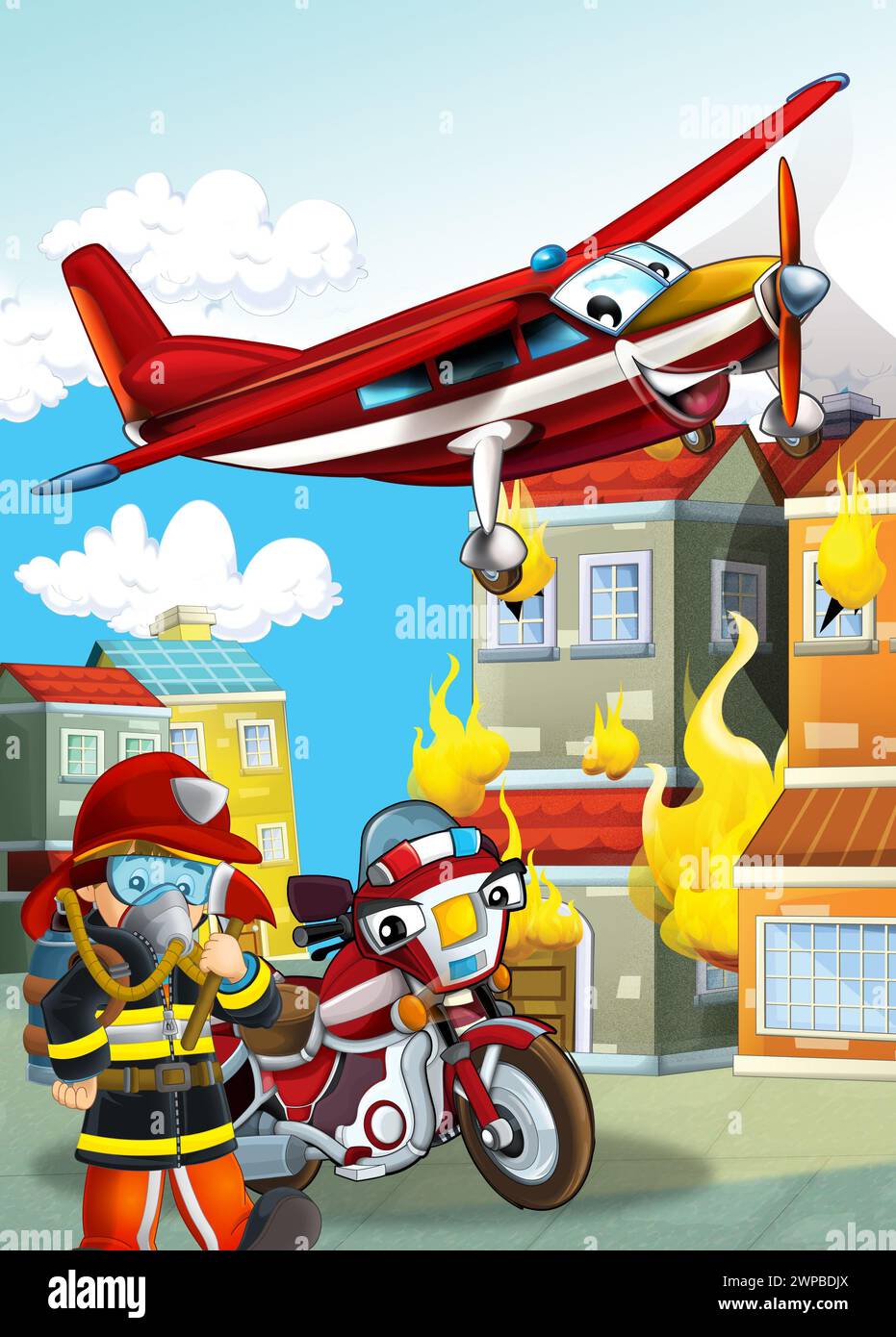 cartoon scene with different fire fighter machines helicopter and fire ...