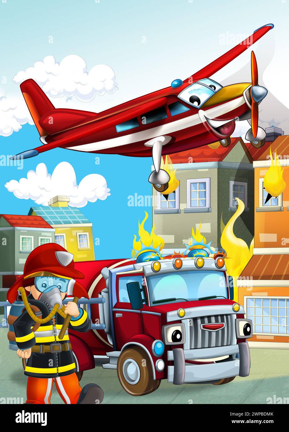 cartoon scene with different fire fighter machines helicopter and fire ...