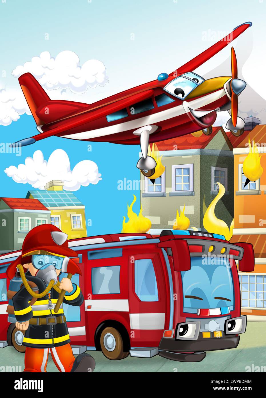 cartoon scene with different fire fighter machines helicopter and fire ...