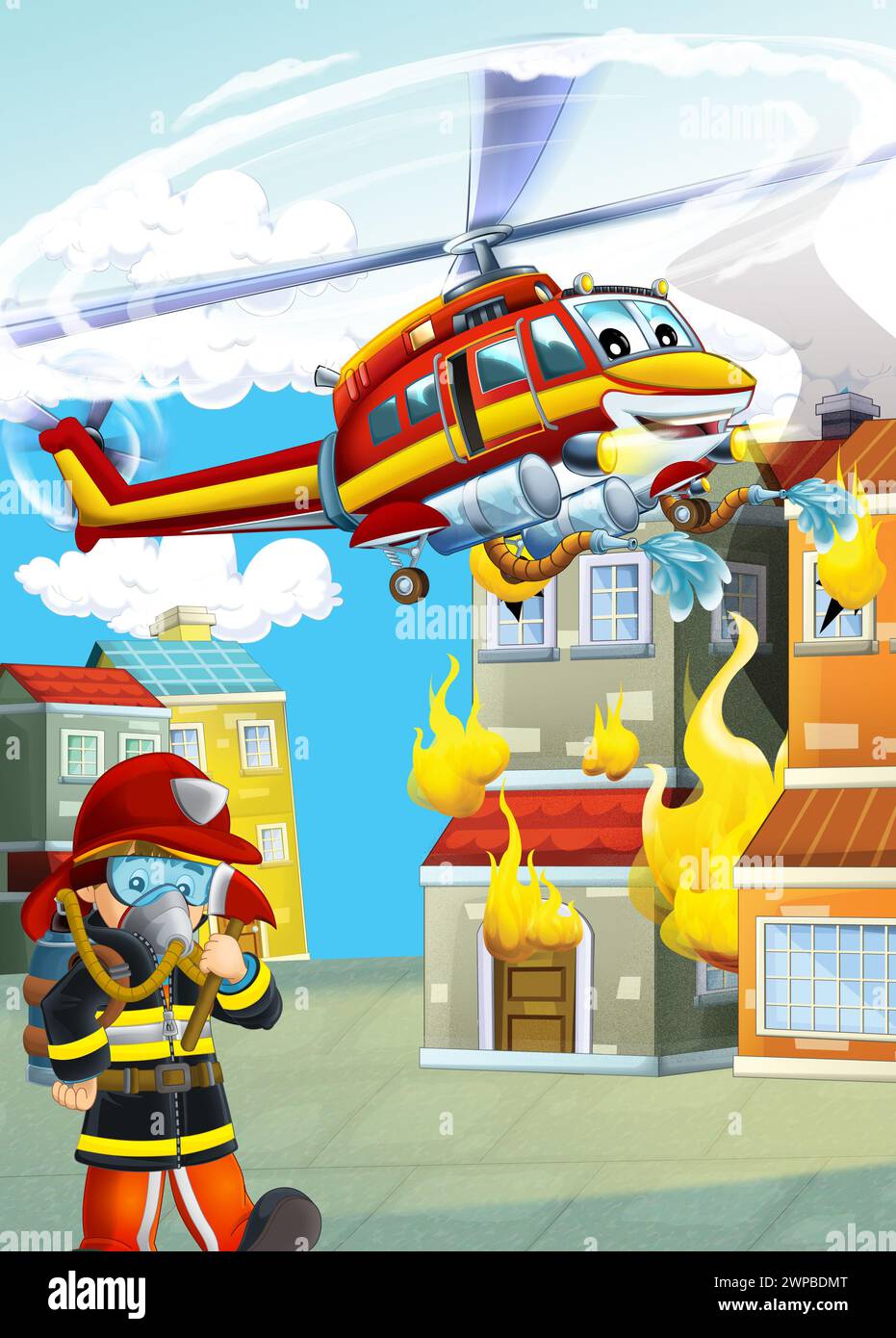cartoon scene with fire fighter machine helicopter illustration for ...