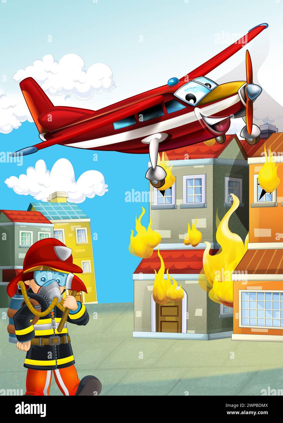 cartoon scene with fire fighter machine plane illustration for children ...