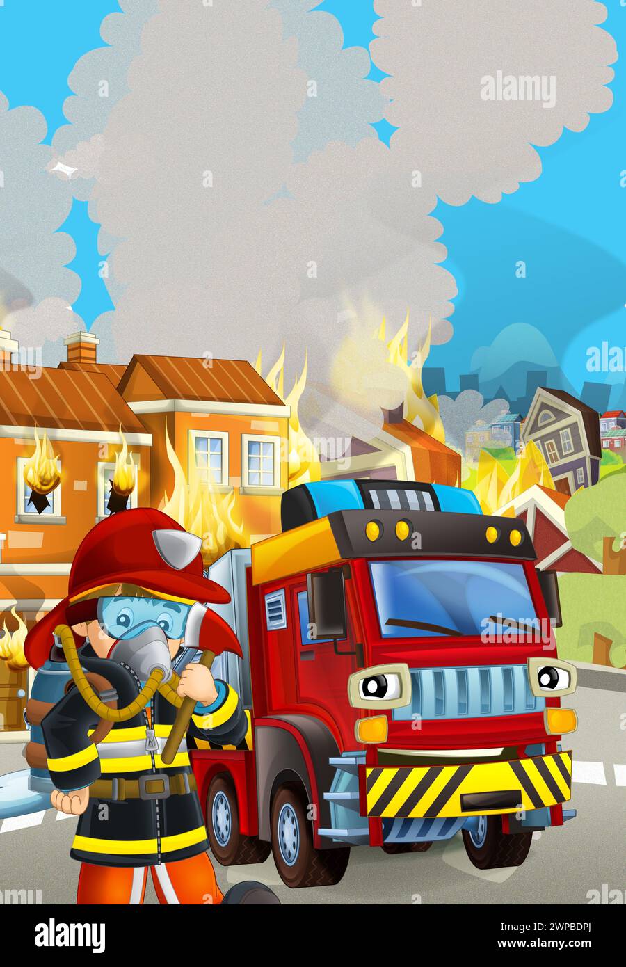 cartoon scene with fireman car vehicle near burning building ...