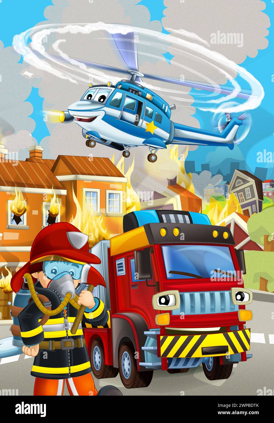 cartoon scene with fireman car vehicle near burning building ...