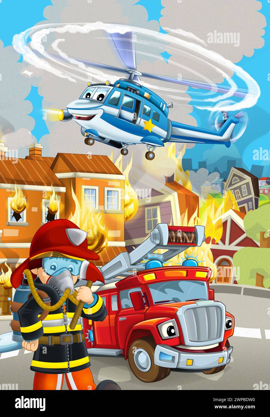 cartoon scene with fireman car vehicle near burning building ...