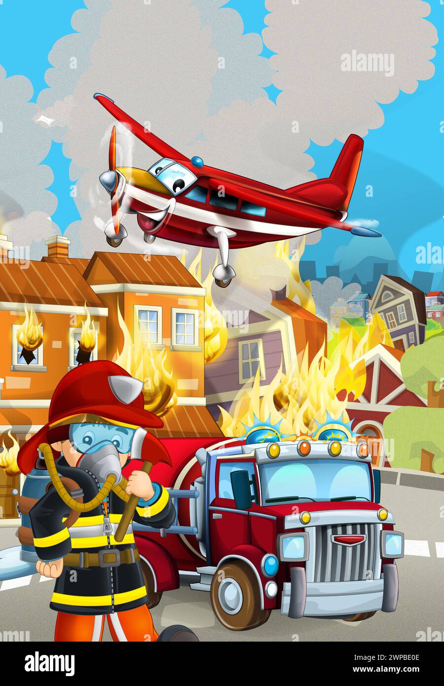 cartoon scene with fireman car vehicle near burning building ...
