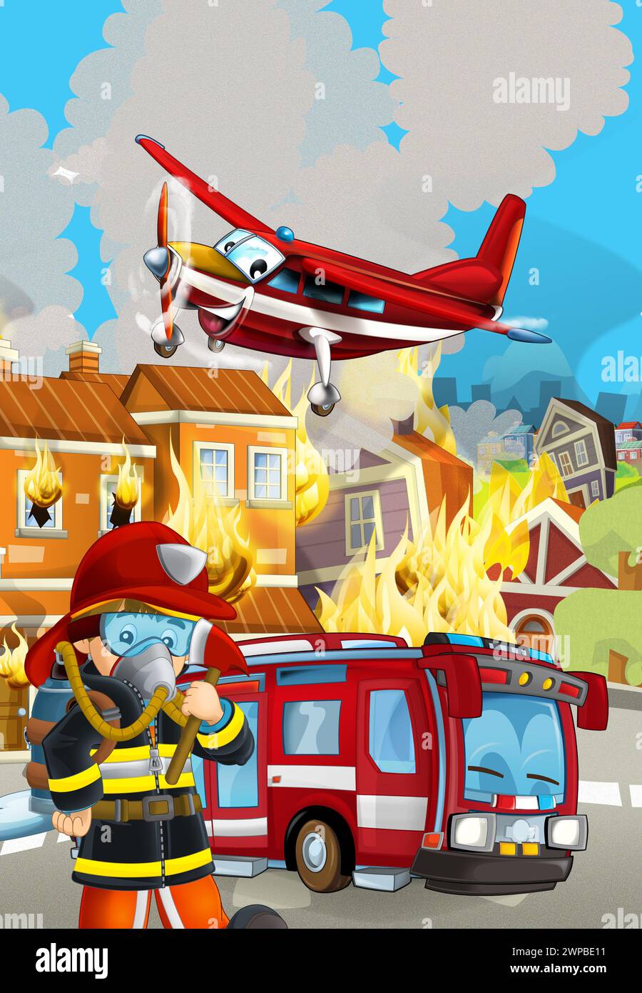 cartoon scene with fireman car vehicle near burning building ...