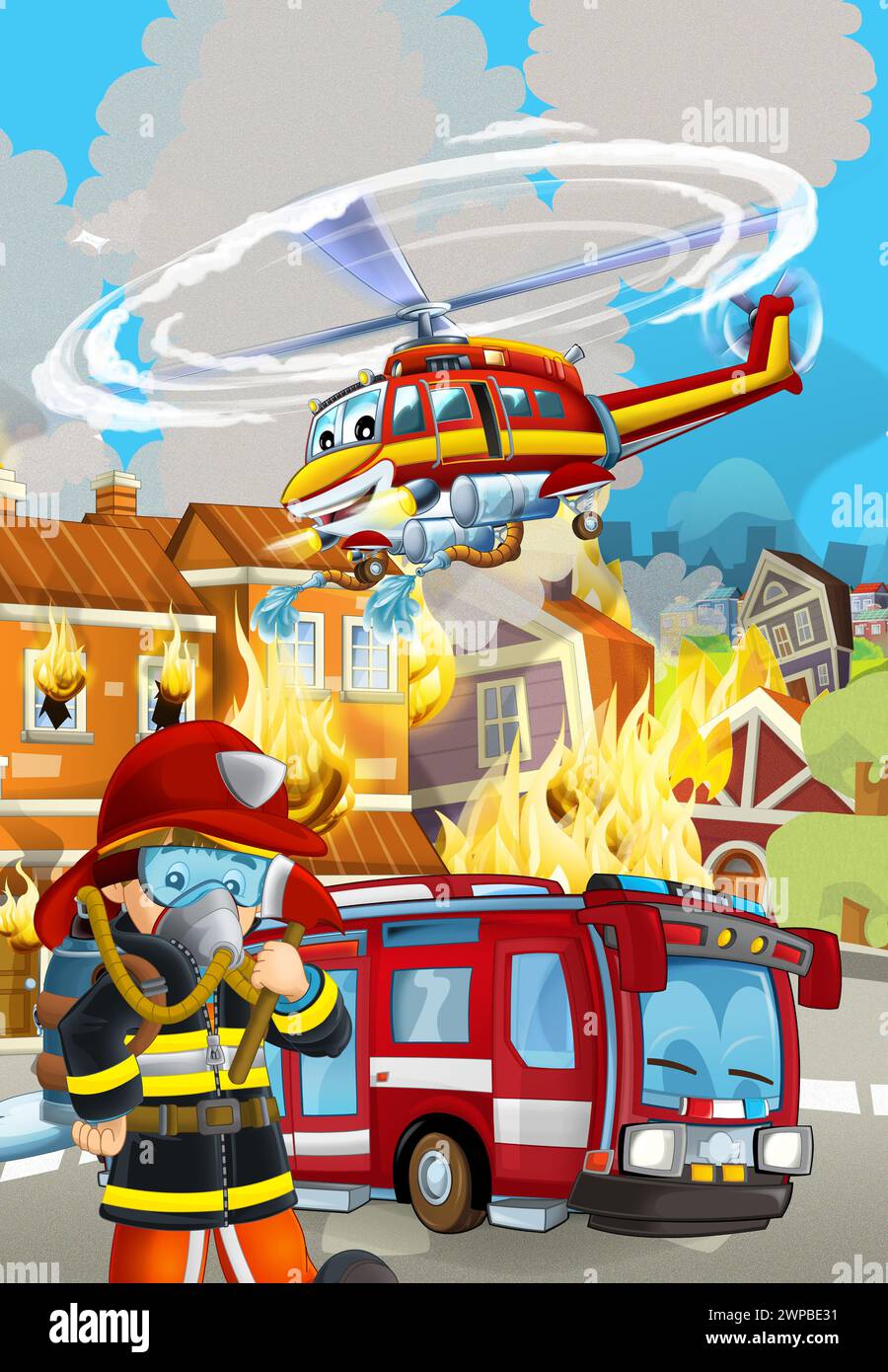 cartoon scene with fireman car vehicle near burning building ...