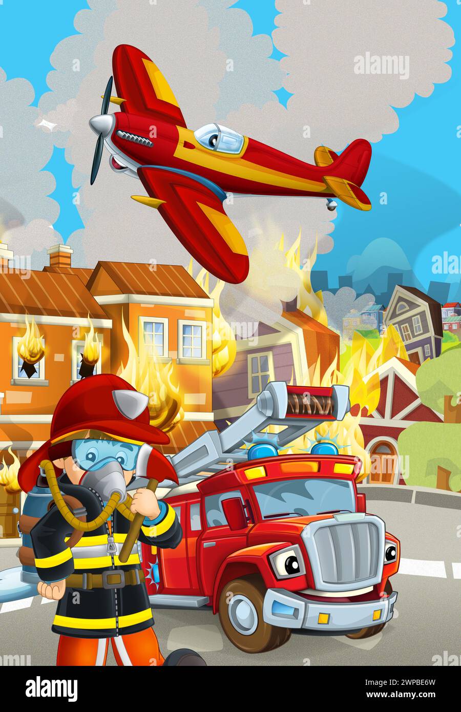 cartoon scene with fireman car vehicle near burning building ...