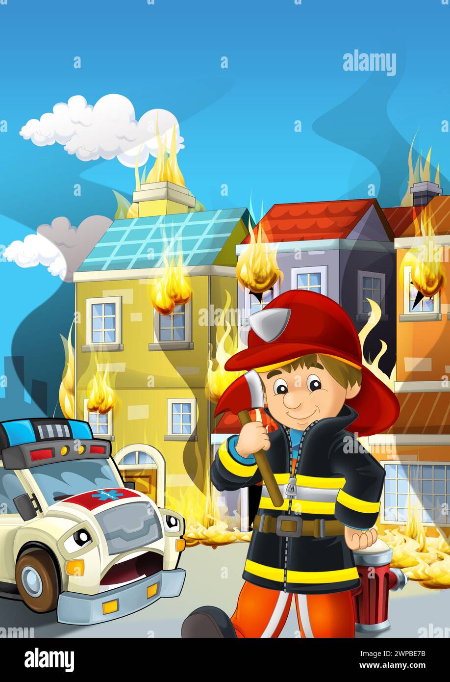cartoon scene with fireman working near some ambulance and building is ...
