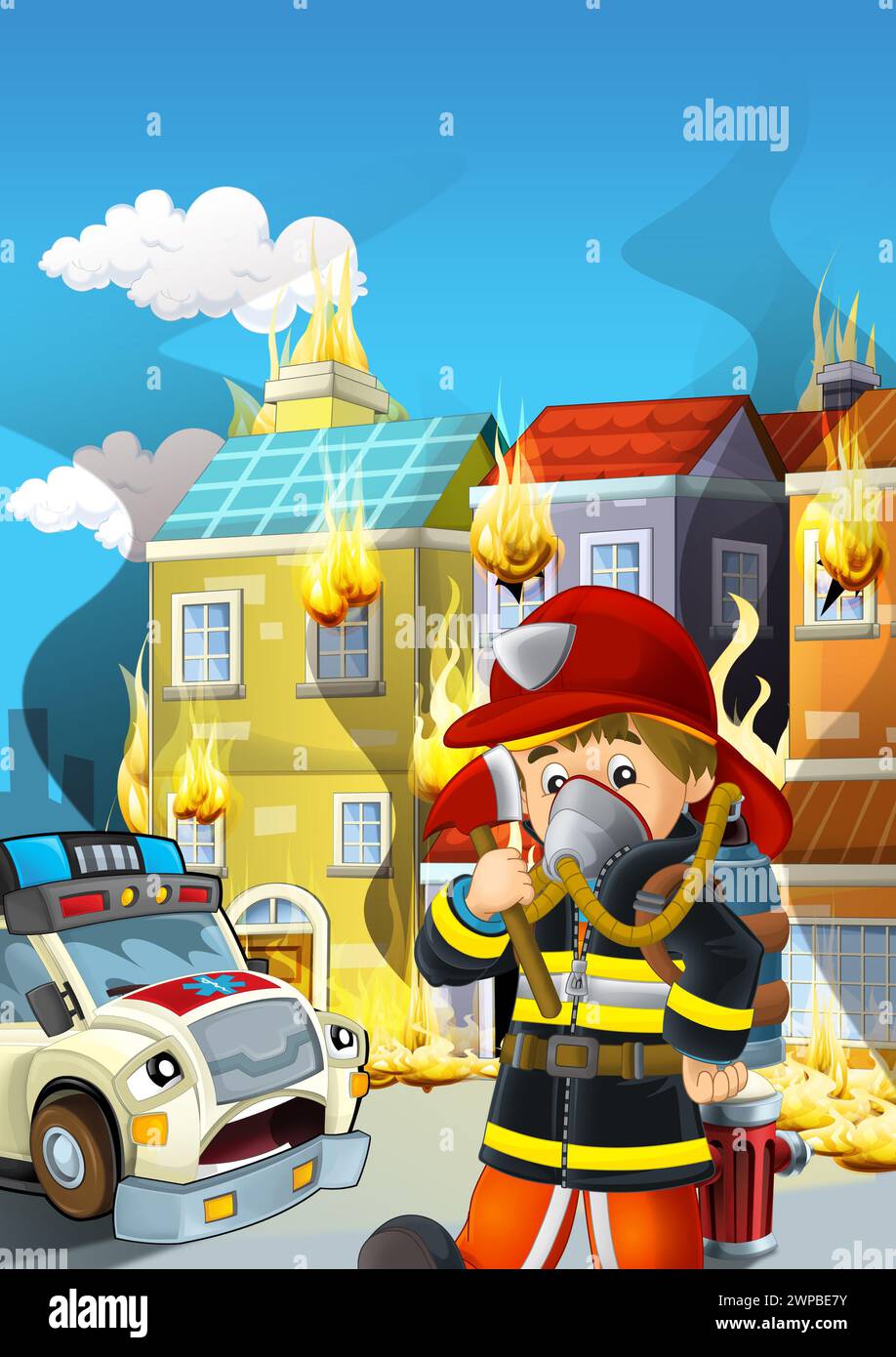 cartoon scene with fireman working near some ambulance and building is ...
