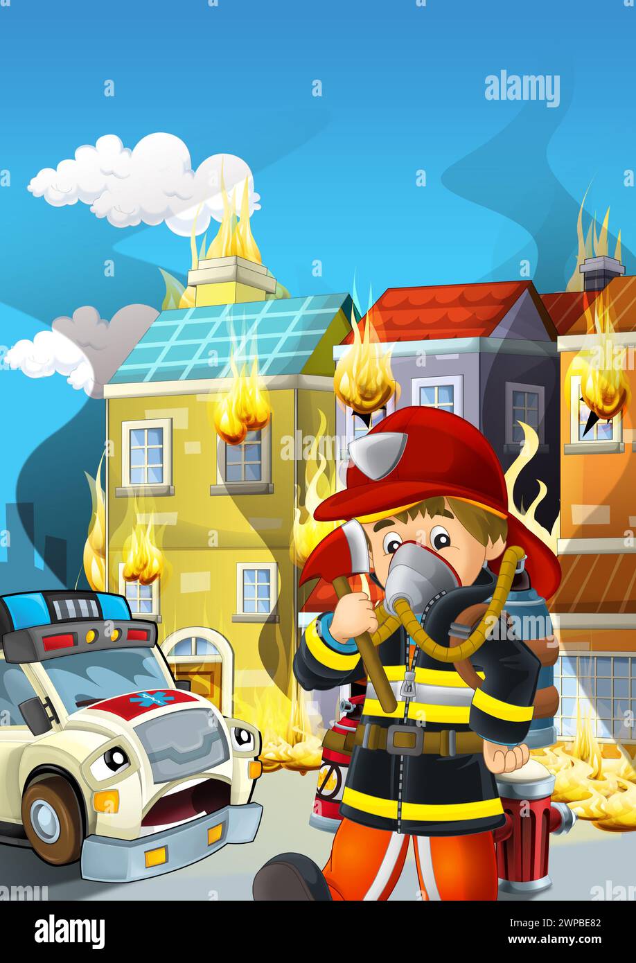 cartoon scene with fireman working near some ambulance and building is ...