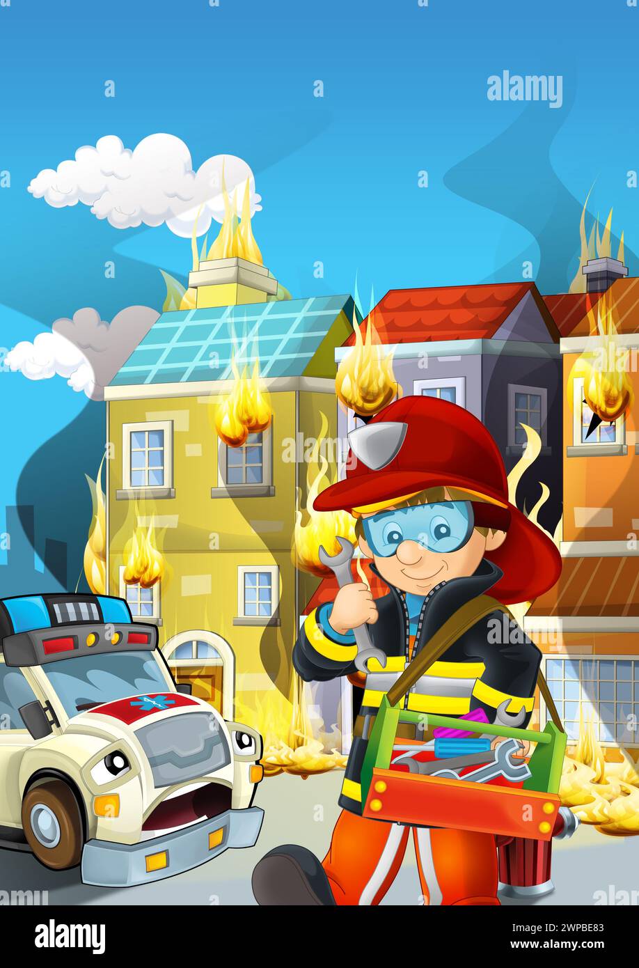 cartoon scene with fireman working near some ambulance and building is ...