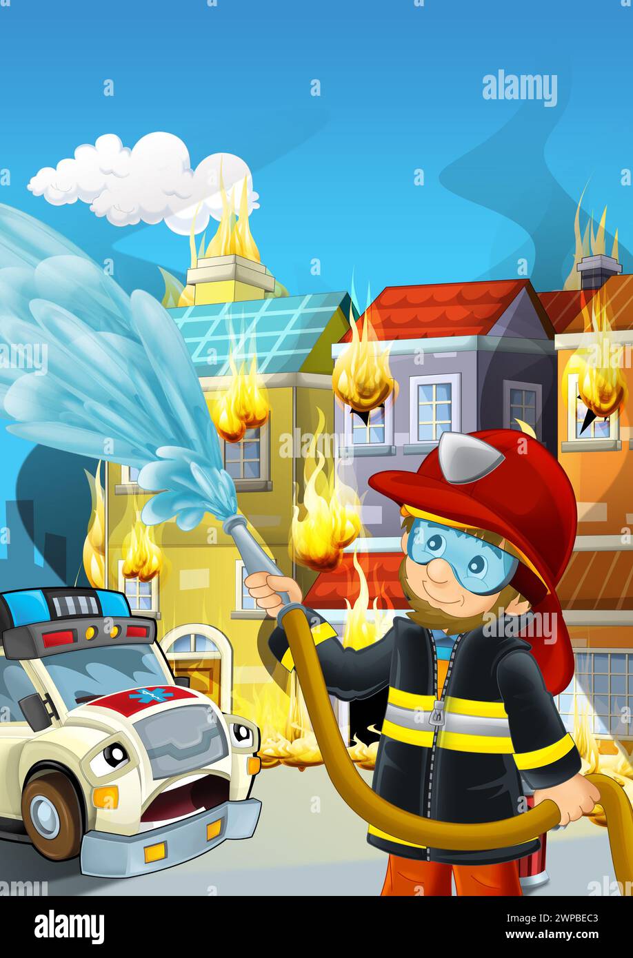 cartoon scene with fireman working near some ambulance and building is ...