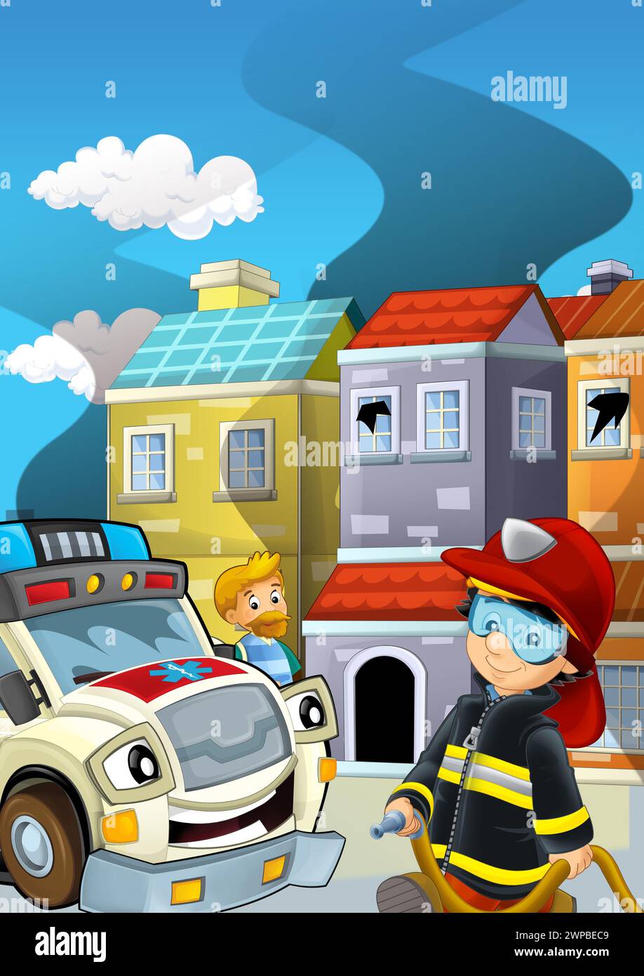 cartoon stage with fireman fire fighting near some building smoking ...
