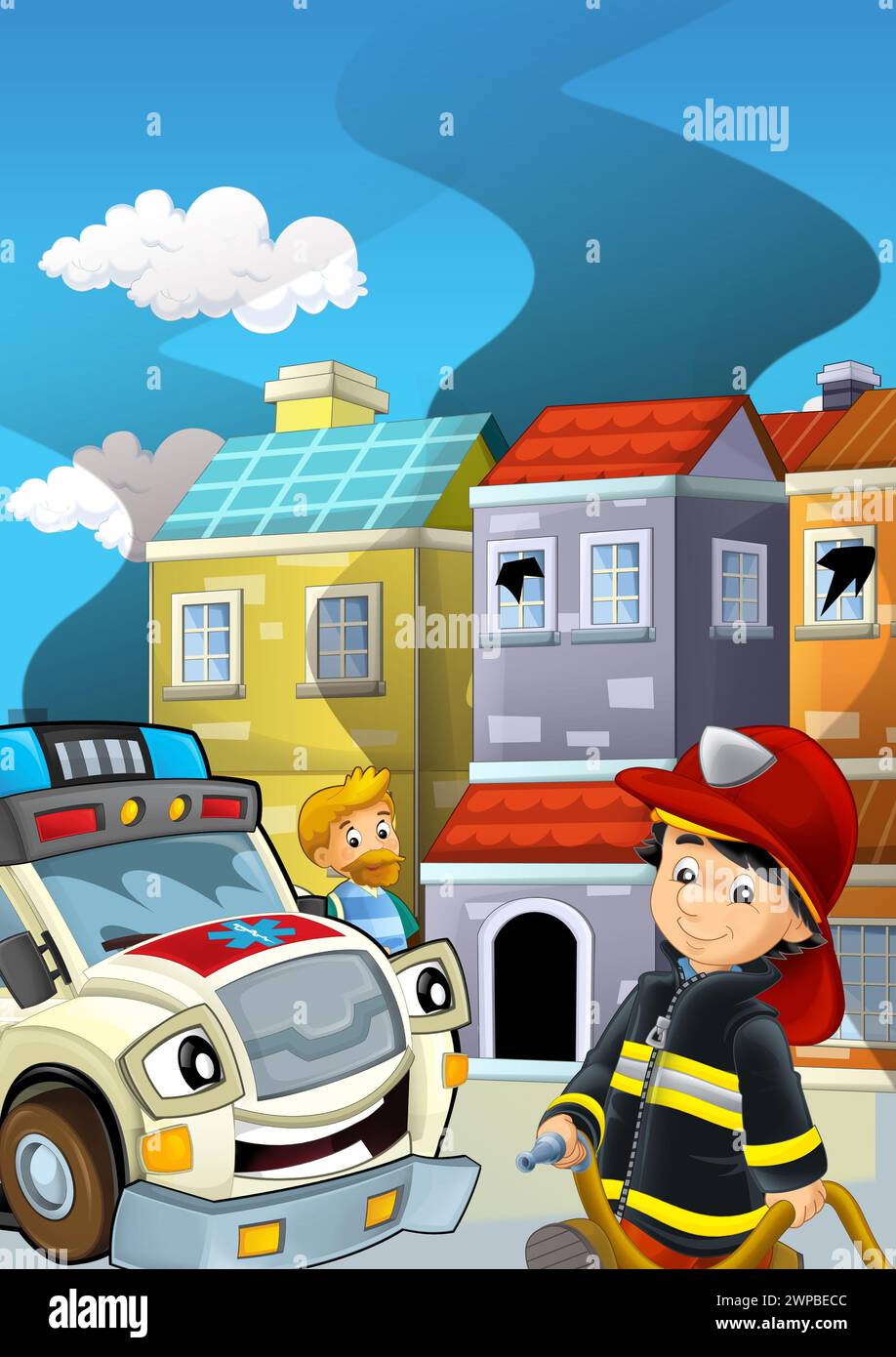 cartoon stage with fireman fire fighting near some building smoking ...