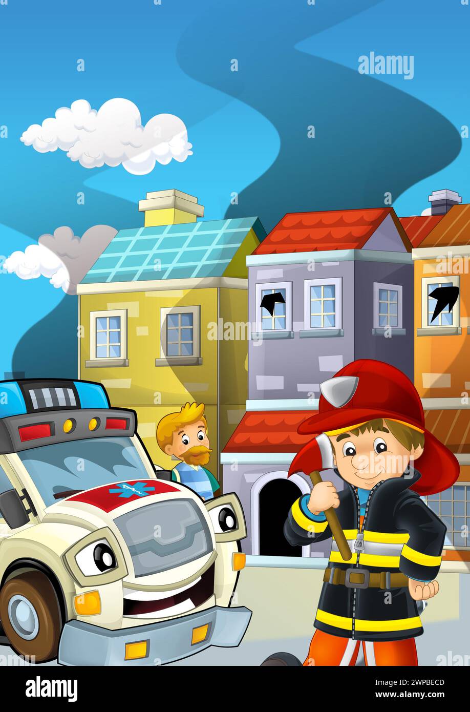 cartoon stage with fireman fire fighting near some building smoking ...