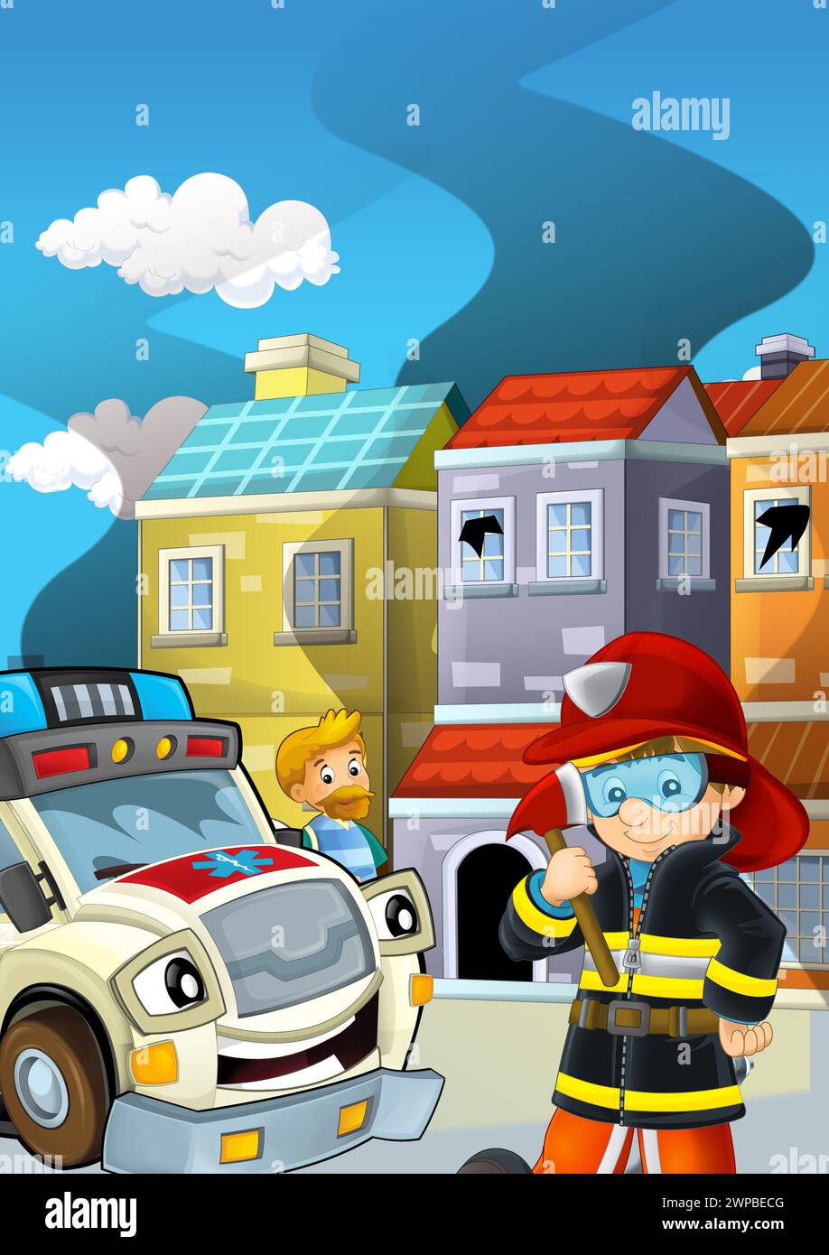 cartoon stage with fireman fire fighting near some building smoking ...