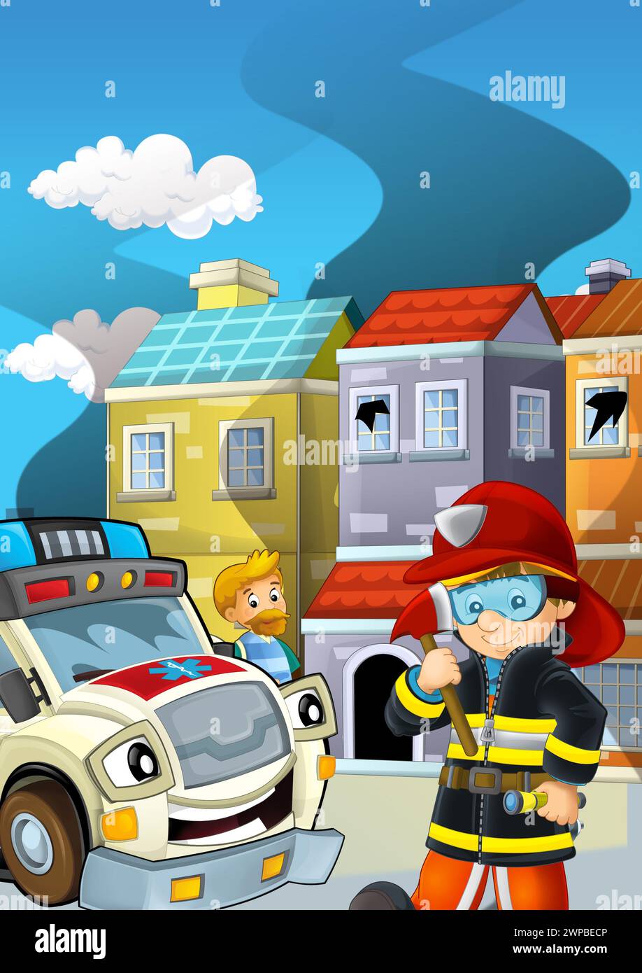 cartoon stage with fireman fire fighting near some building smoking ...