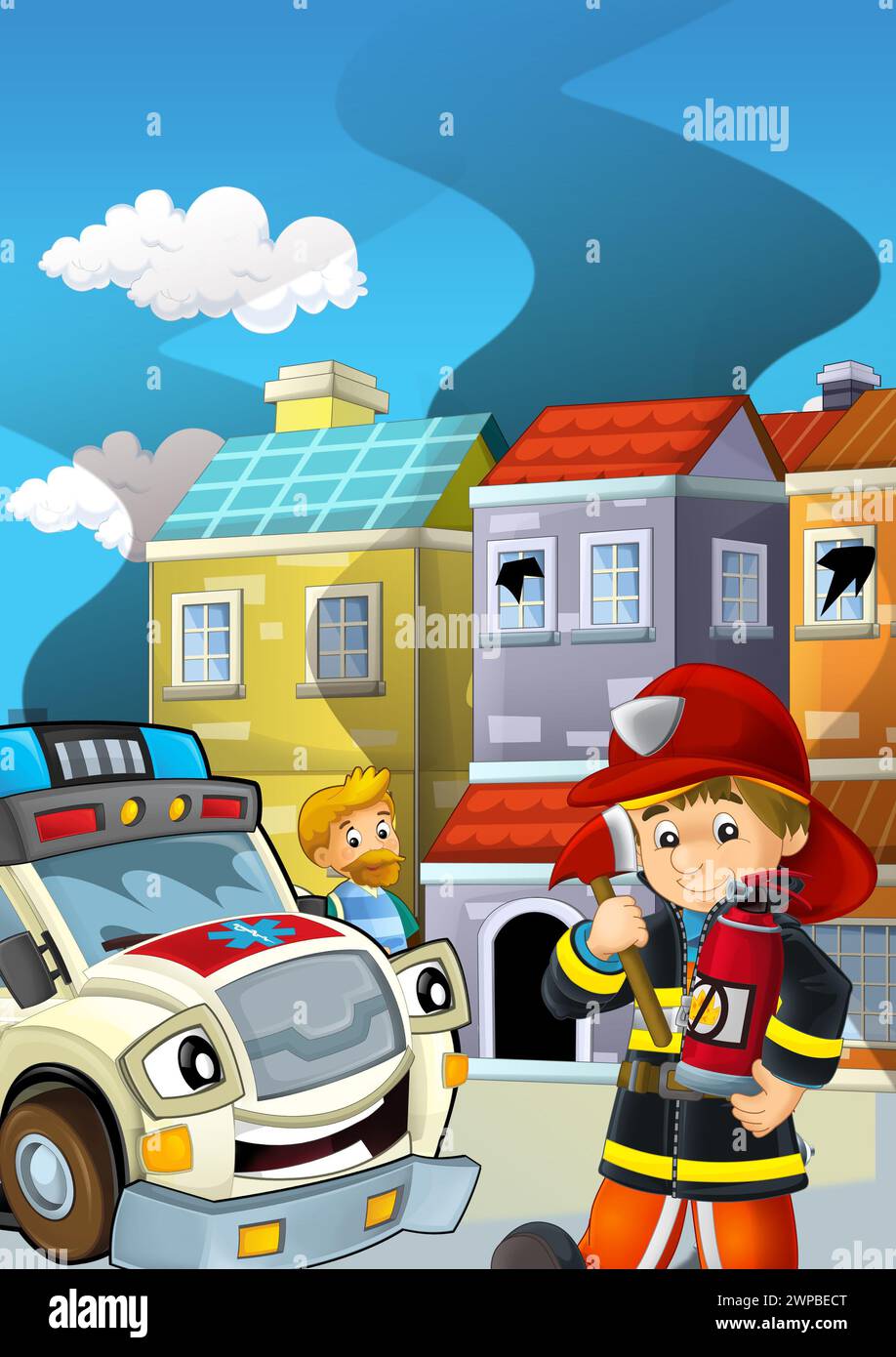 cartoon stage with fireman fire fighting near some building smoking ...