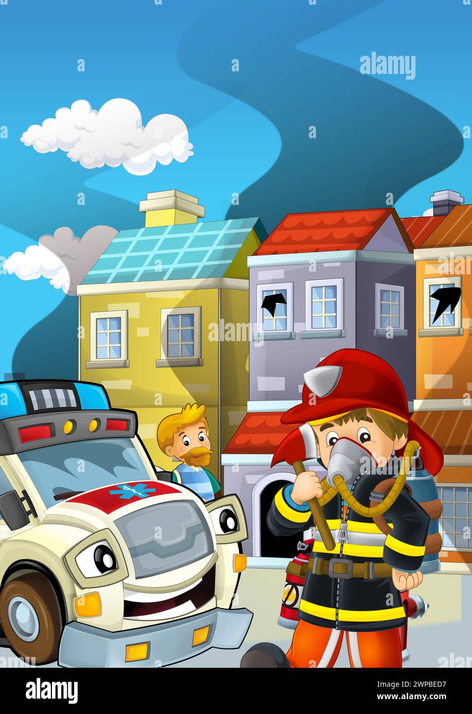 cartoon stage with fireman fire fighting near some building smoking ...