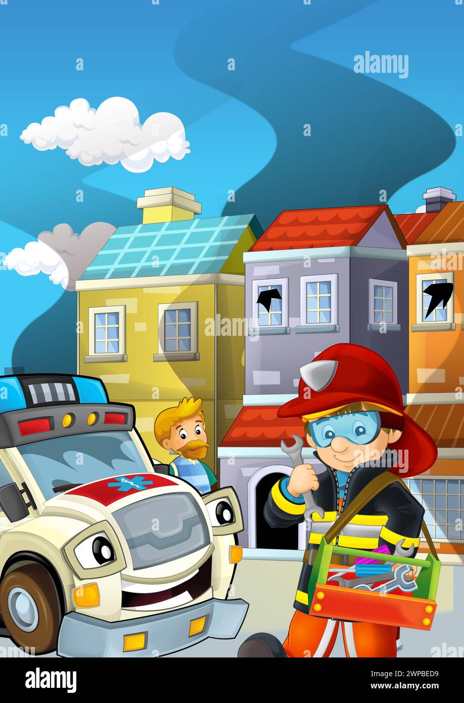 cartoon stage with fireman fire fighting near some building smoking ...